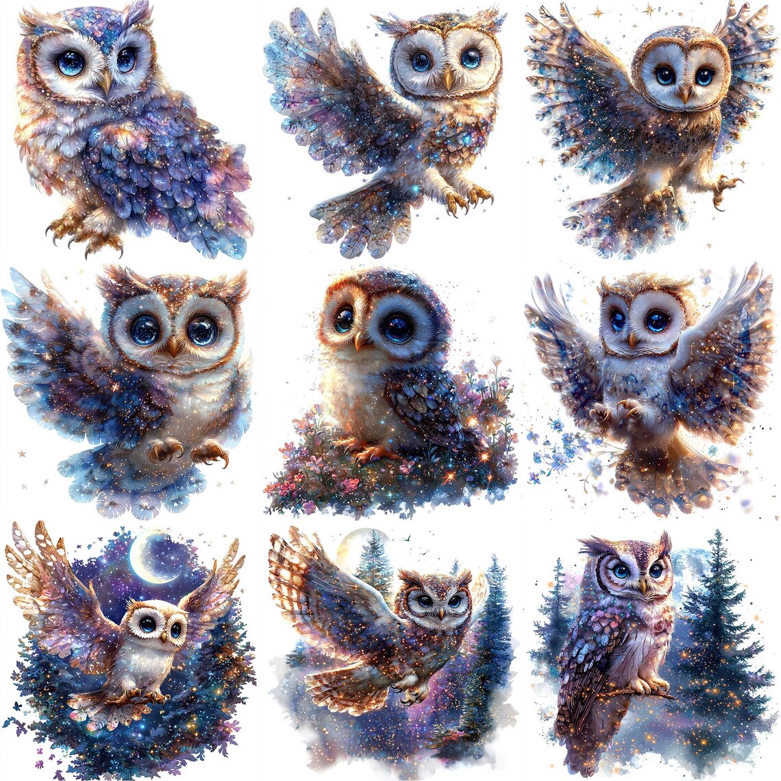 JPEG Celestial Owl Clipart Bundle Sparkling Glitter Owl Mystical Owl ...