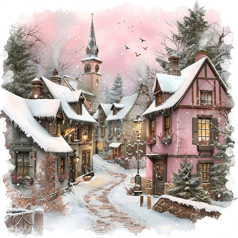 JPEG Watercolor Pink Christmas Village Clipart Bundle Snowy Village ...