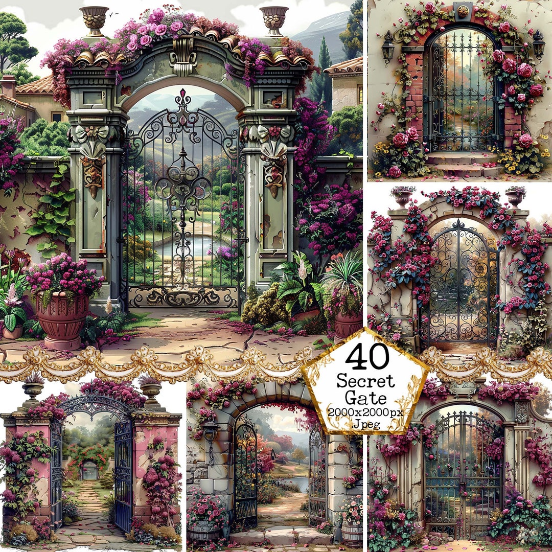 JPEG Watercolor Fantasy Garden Gate Clipart Bundle Garden Door Stone ...