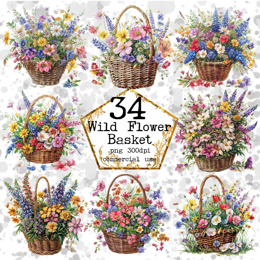 Watercolor Wild Flowers Baskets Clipart Bundle Spring Clipart ...