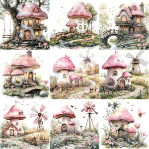 JPEG Watercolor Toadstool Clipart Bundle Pastel Pink Mushroom House ...