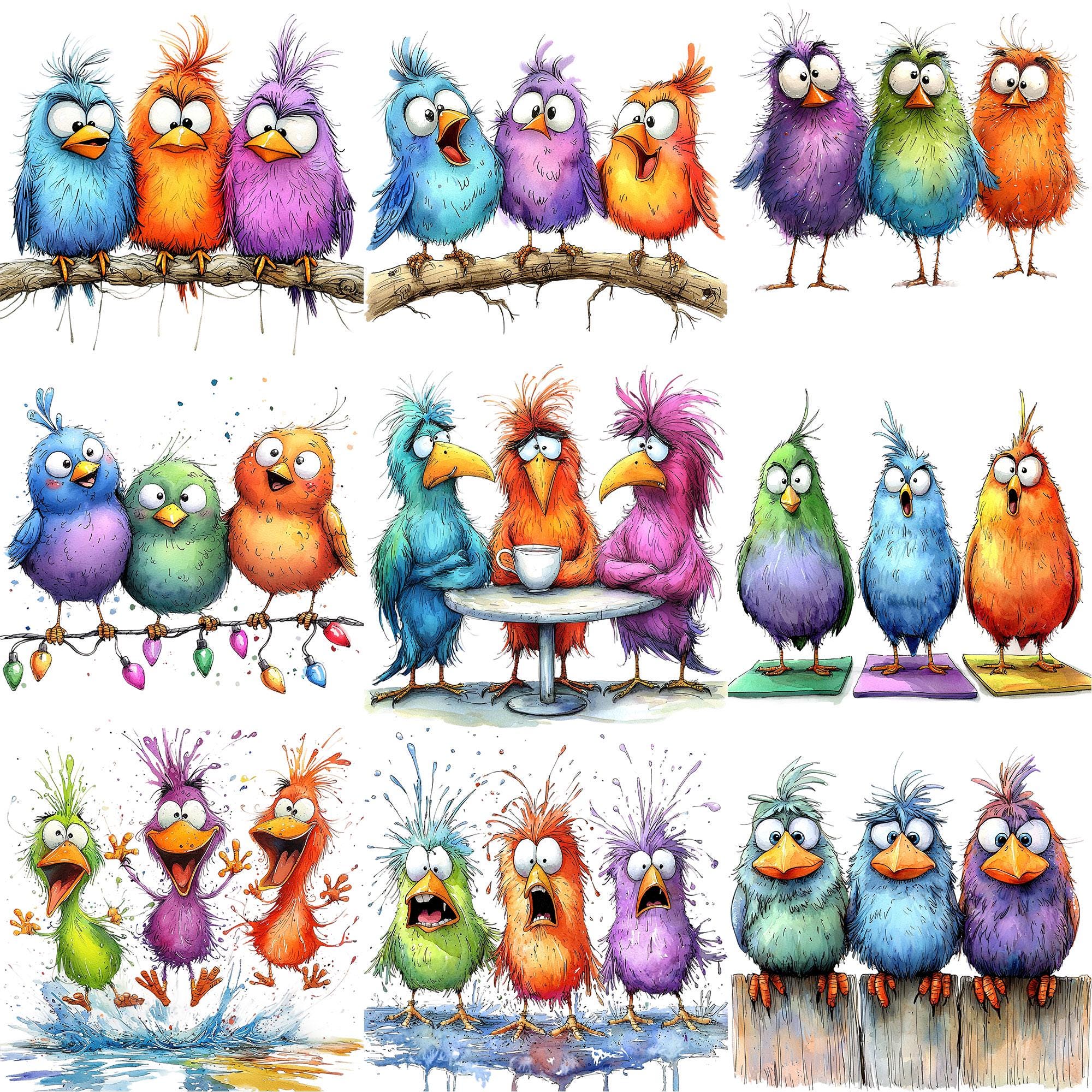 PNG + JPEG Colorful Watercolor Whimsical Birds Clipart Bundle Funny ...