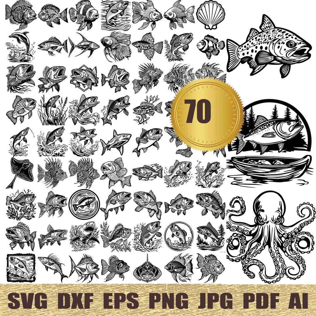 70 Fish Svg, Dxf, Eps, Ai, Pdf, Jpg, Png Fishing SVG Cricut Clipart ...