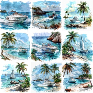 JPEG Watercolor Tropical Beach With a Boat Clipart Bundle Instant ...