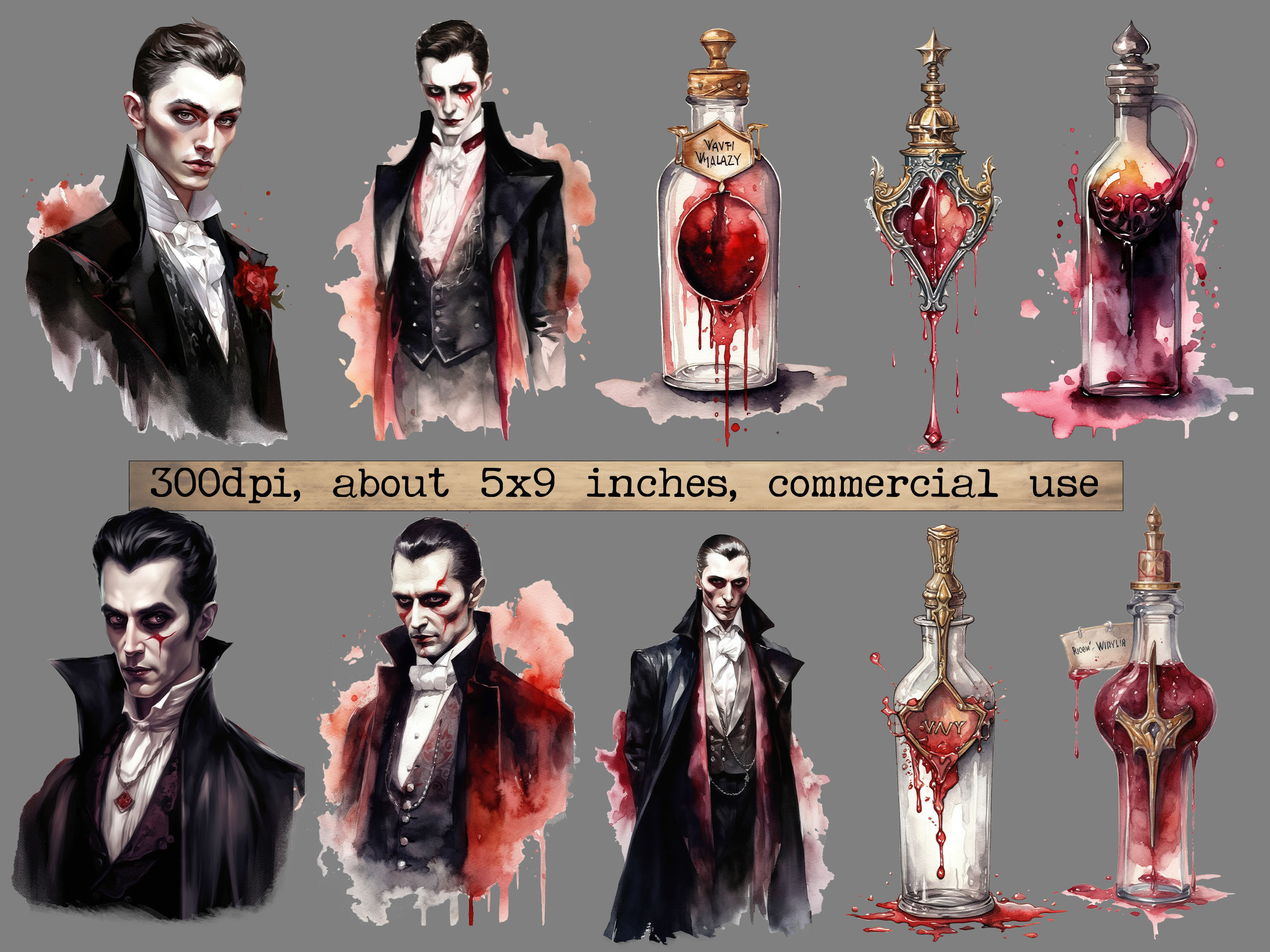 Watercolor Gothic Vampire Bundle Clipart Dark Fantasy - Etsy