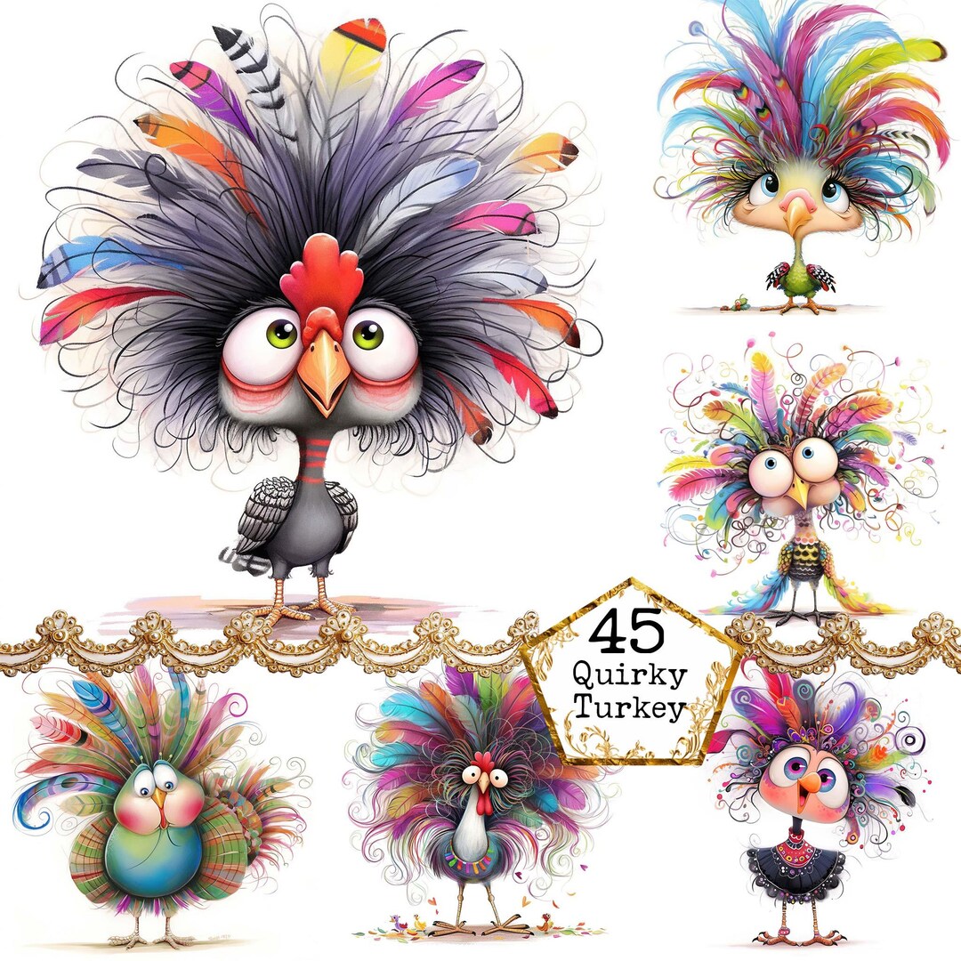 JPEG Quirky Turkey Clipart Bundle Whimsical Turkey Quirky Bird Clipart ...