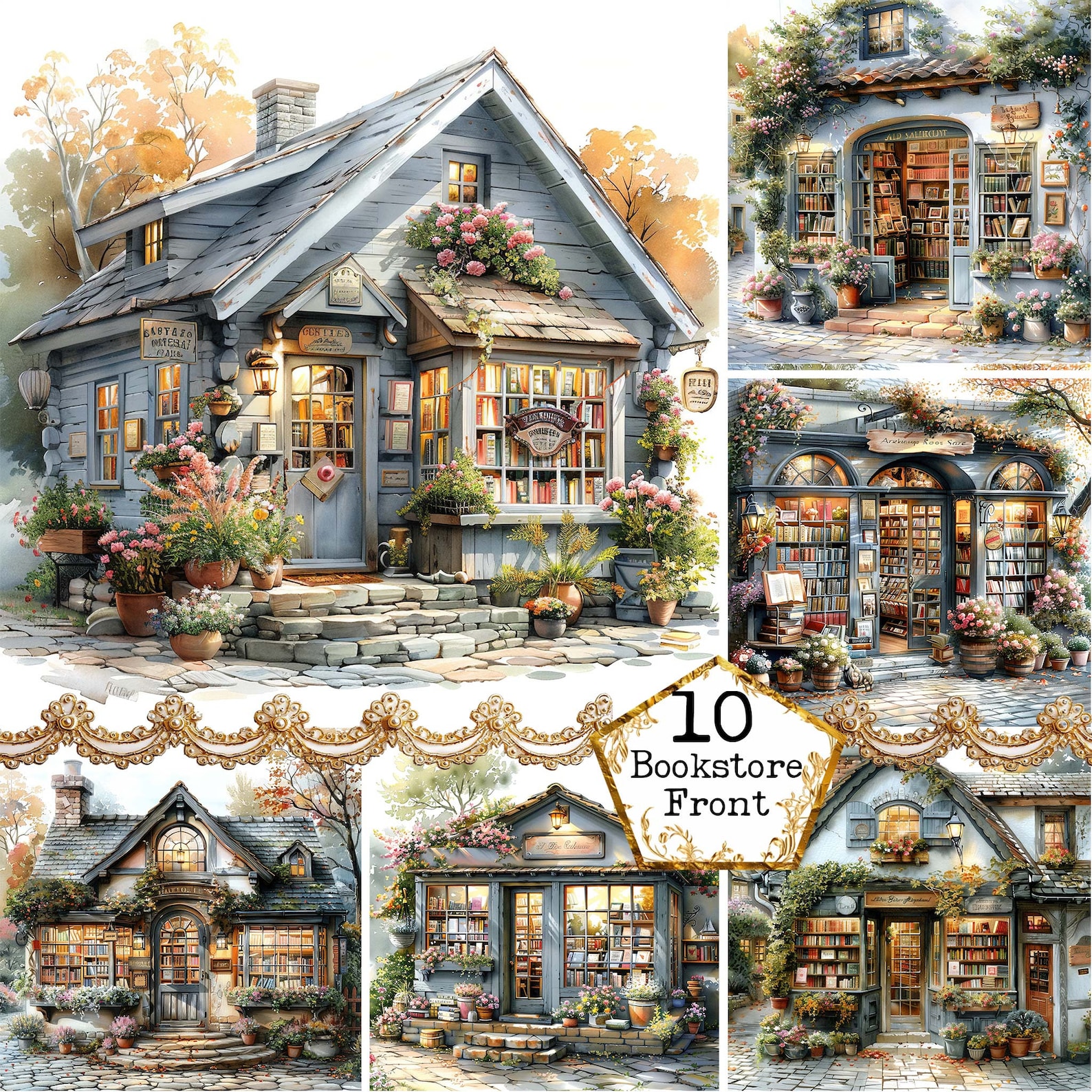 Watercolor Vintage Bookstore Fronts JPEG Instant Download Vintage Shop ...
