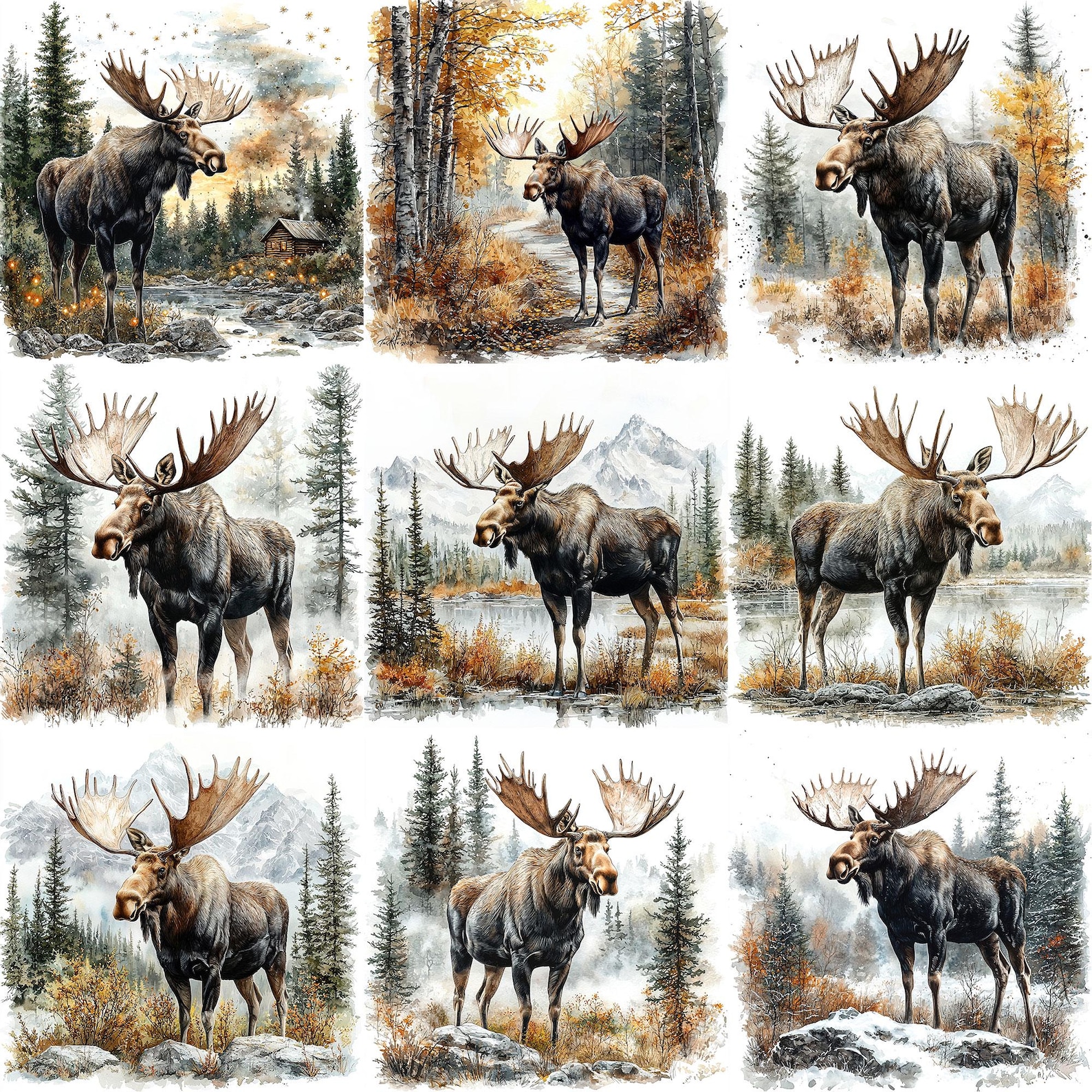JPEG Watercolor Moose Clipart Bundle Forest Clipart Woodland Art ...