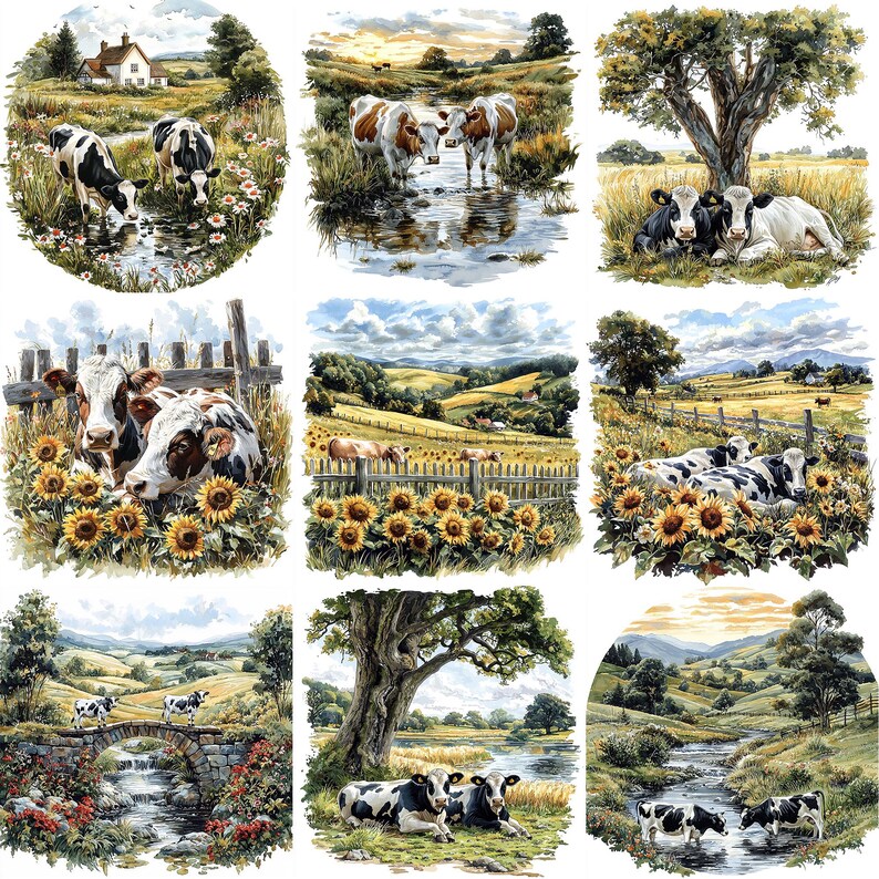 JPEG Watercolor Cows and Landscape Graphics Farmland Cottagecore ...