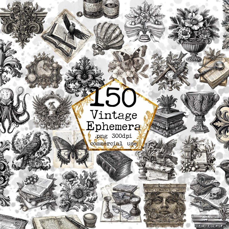 BIG PNG Vintage Ephemera Clipart Bundle Monochromatic Clipart ...