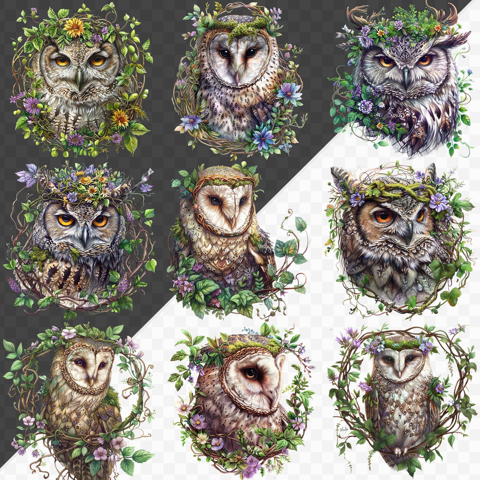 Watercolor Magical Owl Clipart Bundle Pagan Owl PNG Royal Owls ...