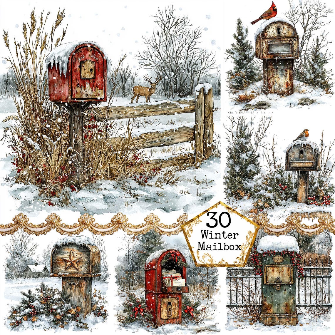 JPEG Watercolor Festive Mailbox Backgrounds Bundle Watercolor Winter ...