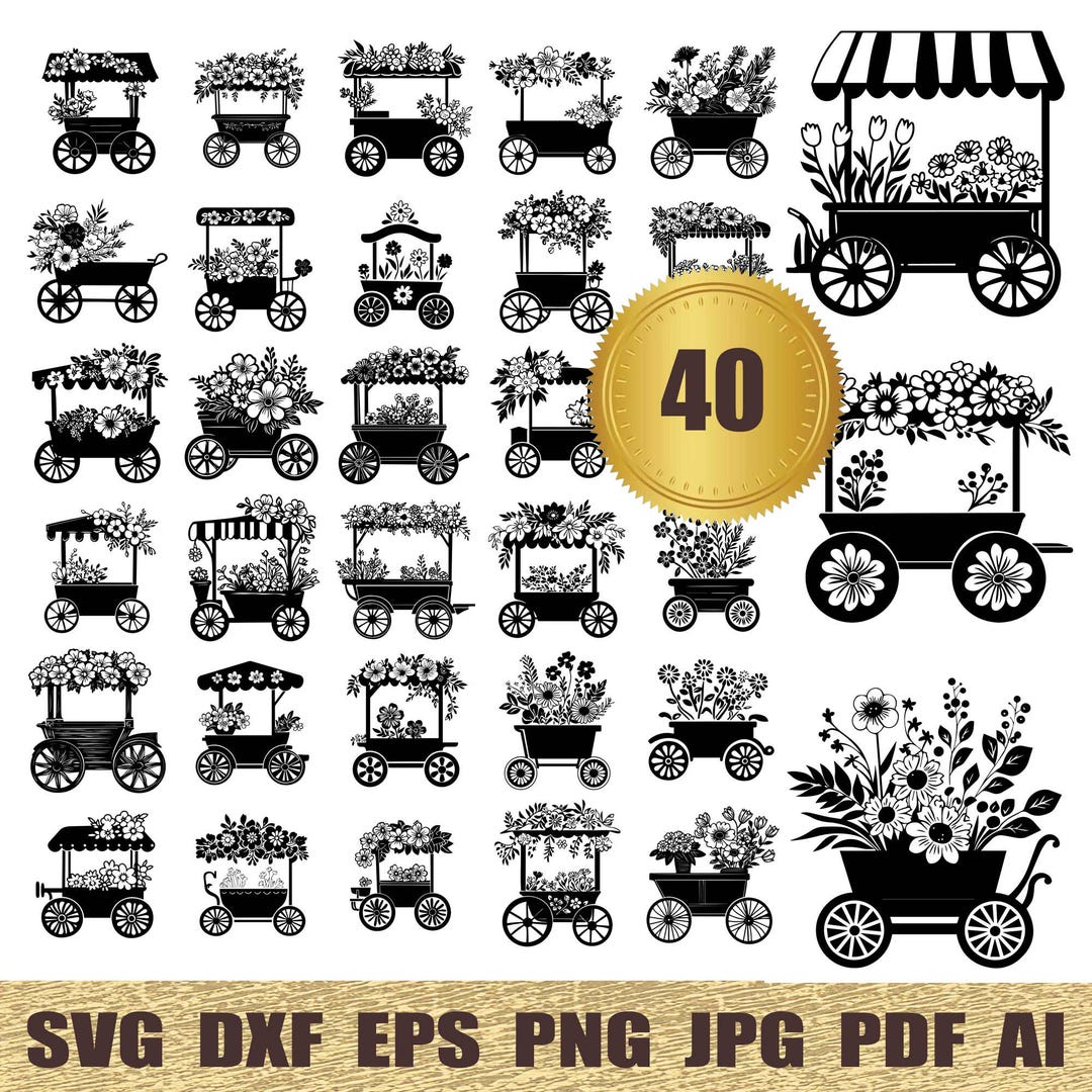 40 Floral Cart Svg, Dxf, Eps, Ai, Pdf, Jpg, Png Flower Cart Silhouettes ...