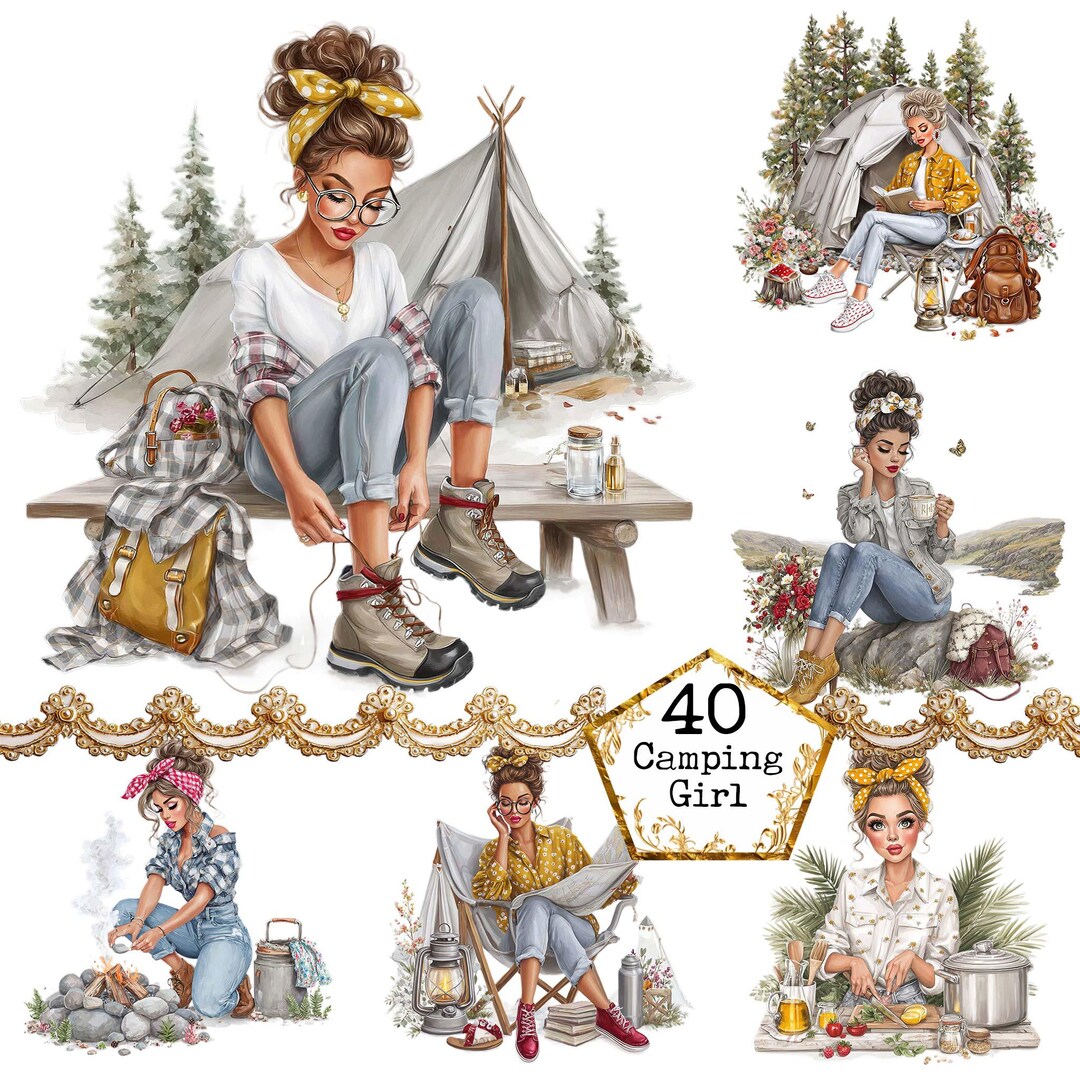 Camping Girl - Watercolor Clipart Bundle PNG + JPEG Format Paper Crafts ...