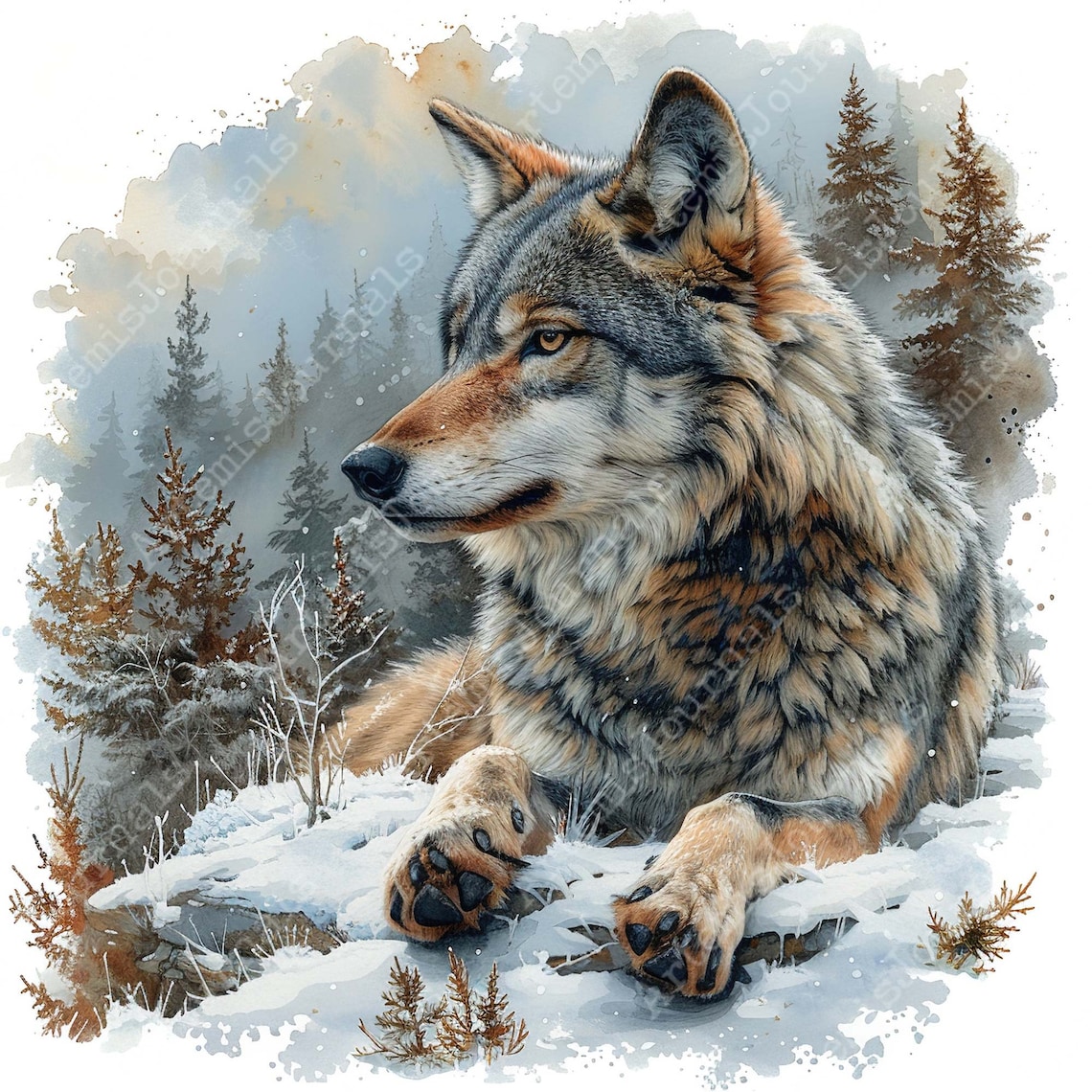 Watercolor Winter Wolf Forest Clipart Bundle JPEG Commercial Printable ...