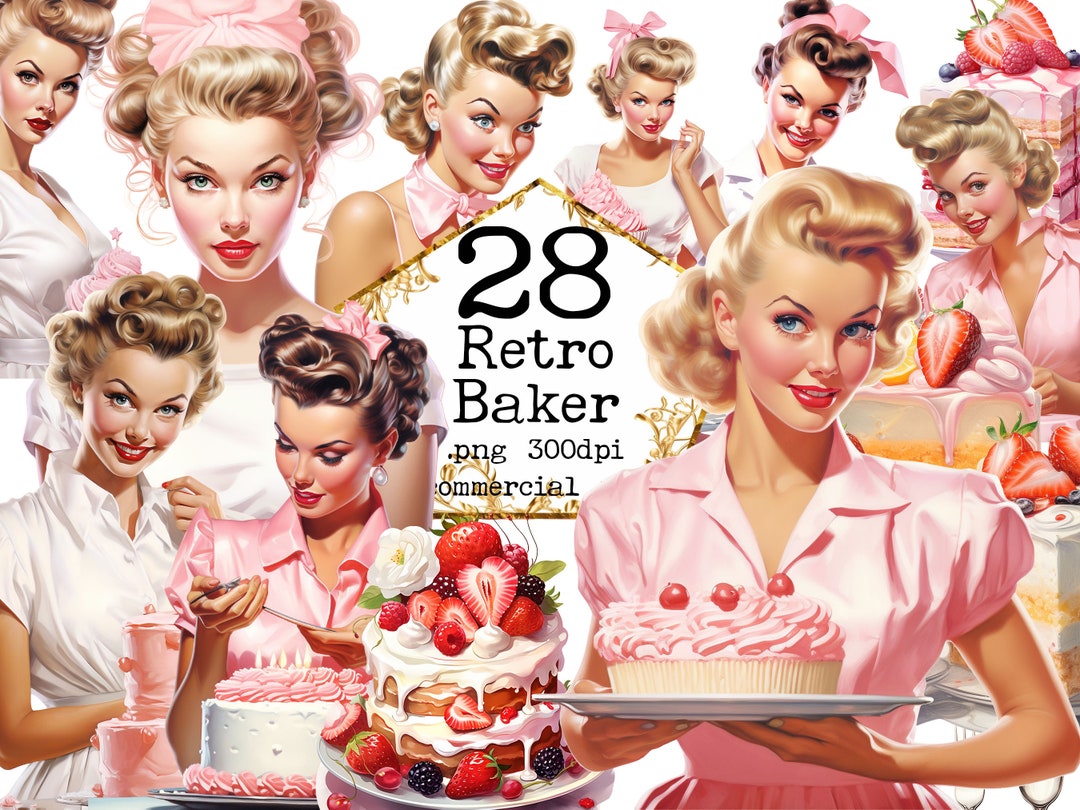 Retro Baker Clipart Pin up Girl Baker PNG File Vintage Girl Housewife PNG Retro Woman Cake Baker ...