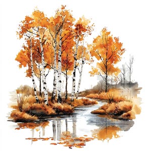 JPEG Watercolor Autumn Birch Clipart Bundle Birch Tree Clipart Autumn ...
