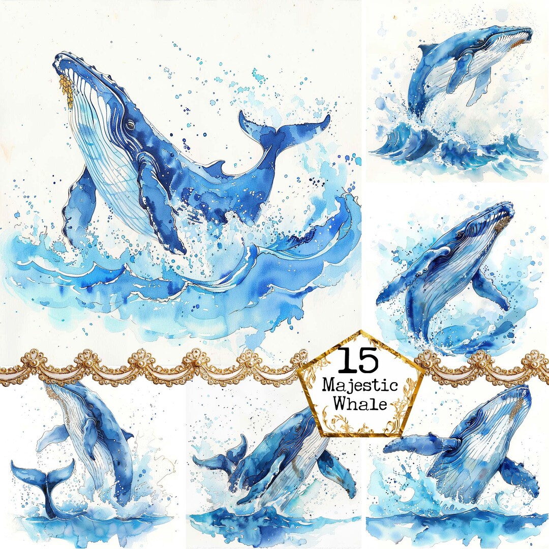 JPEG Watercolor Whale in Sea Clipart Whale Graphics JPEG Commercial Use ...