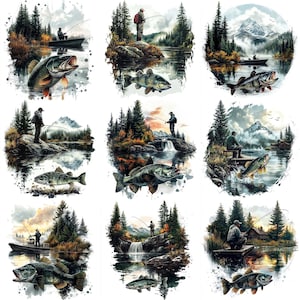 Fishing Evening Clipart JPEG Instant Download Mountain Bass River ...