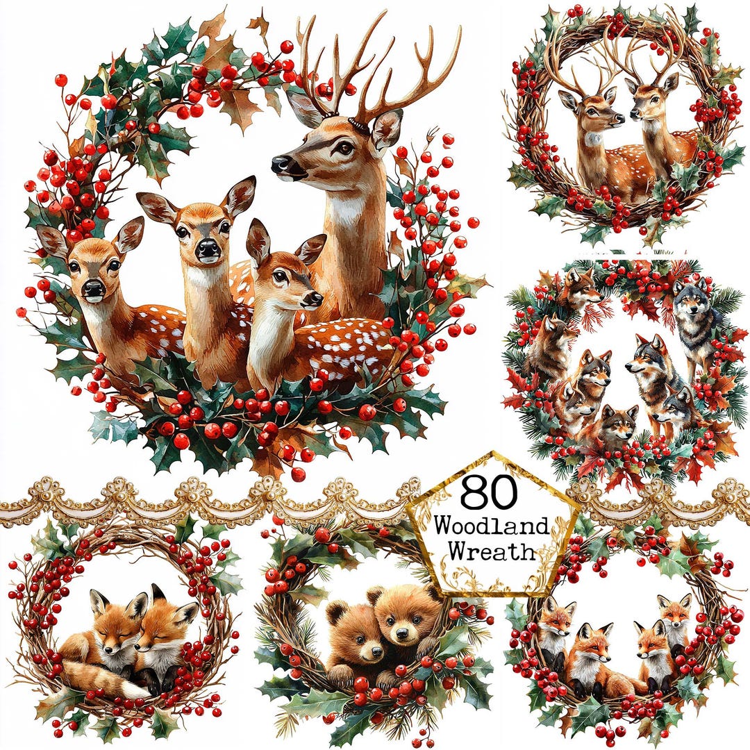 JPEG Watercolor Christmas Woodland Wreath Clipart Bundle Christmas ...