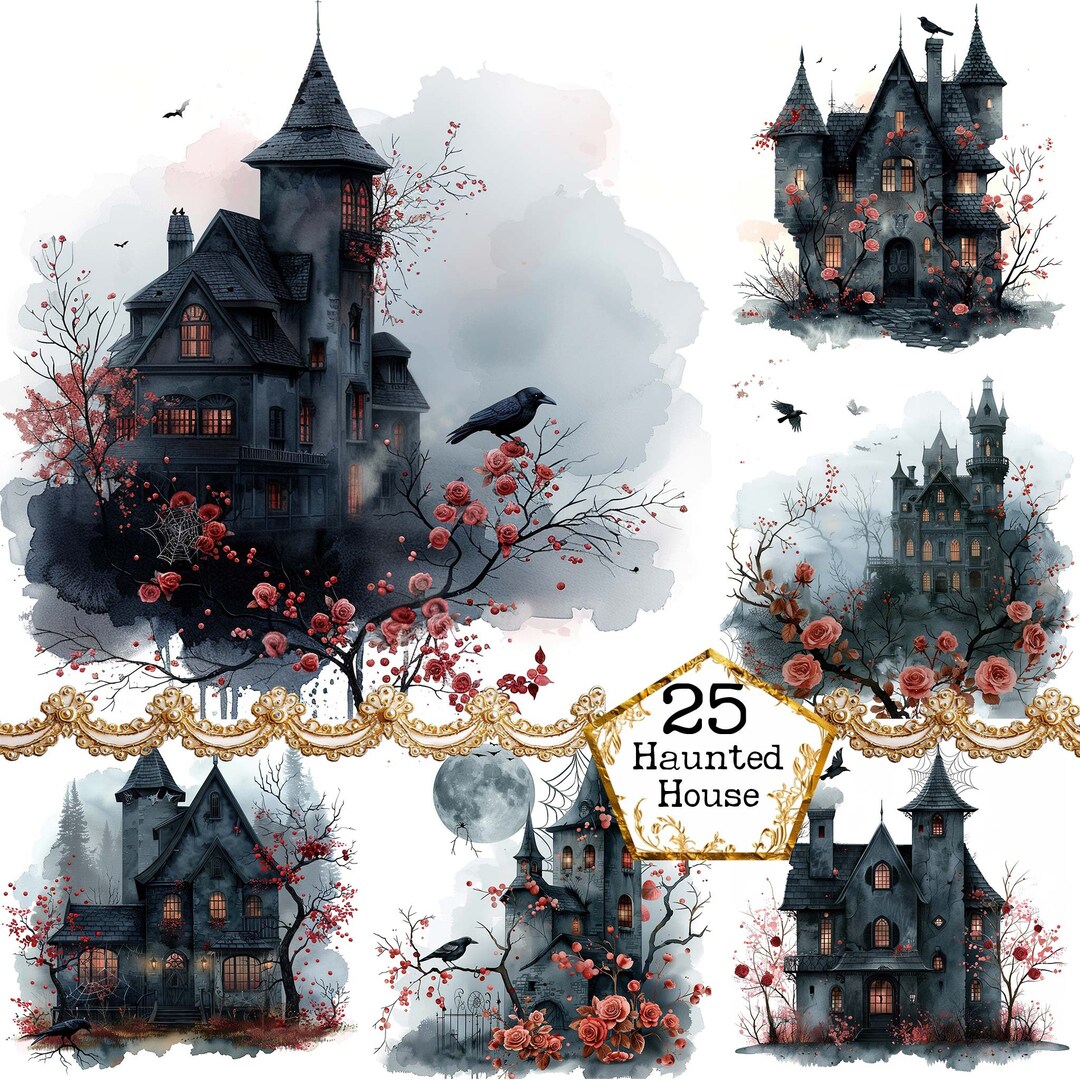 JPEG Watercolor Haunted House With Raven Clipart Bundle Halloween ...