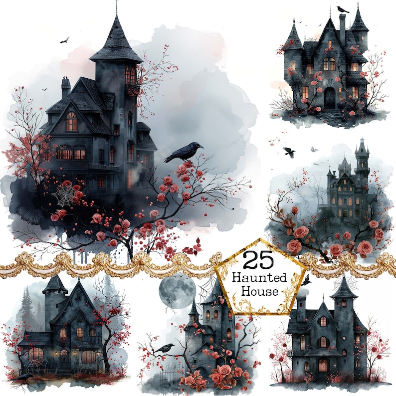 JPEG Watercolor Haunted House With Raven Clipart Bundle Halloween ...