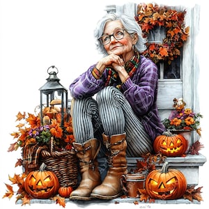 JPEG Cute Grandma Autumn Porch Clipart Bundle Grandma and Coffee ...