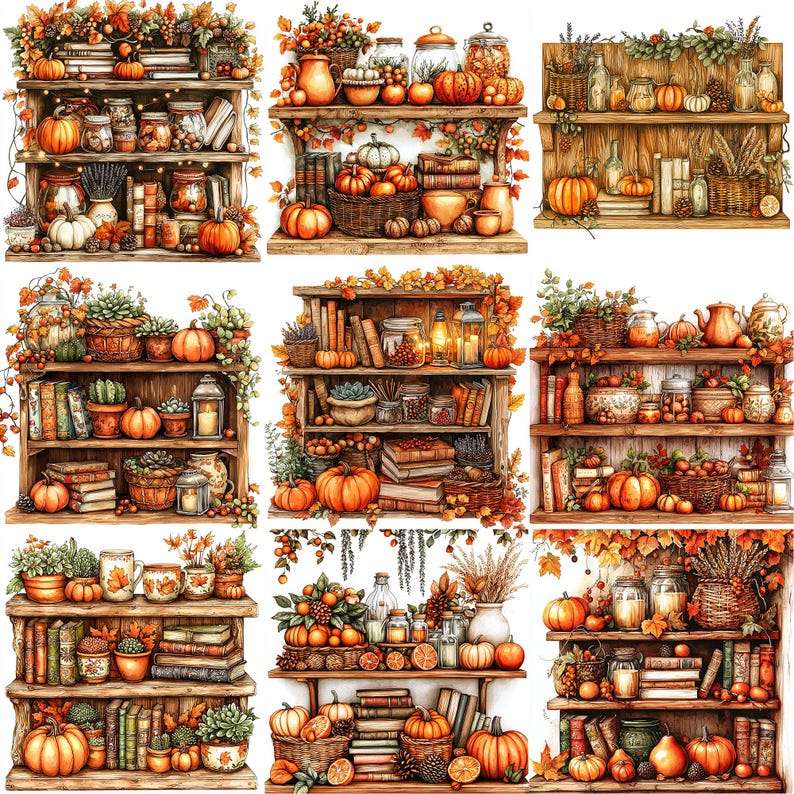 JPEG Autumn Shelf Clipart Bundle Bookshelves Pumpkin Spice Fall Clipart ...