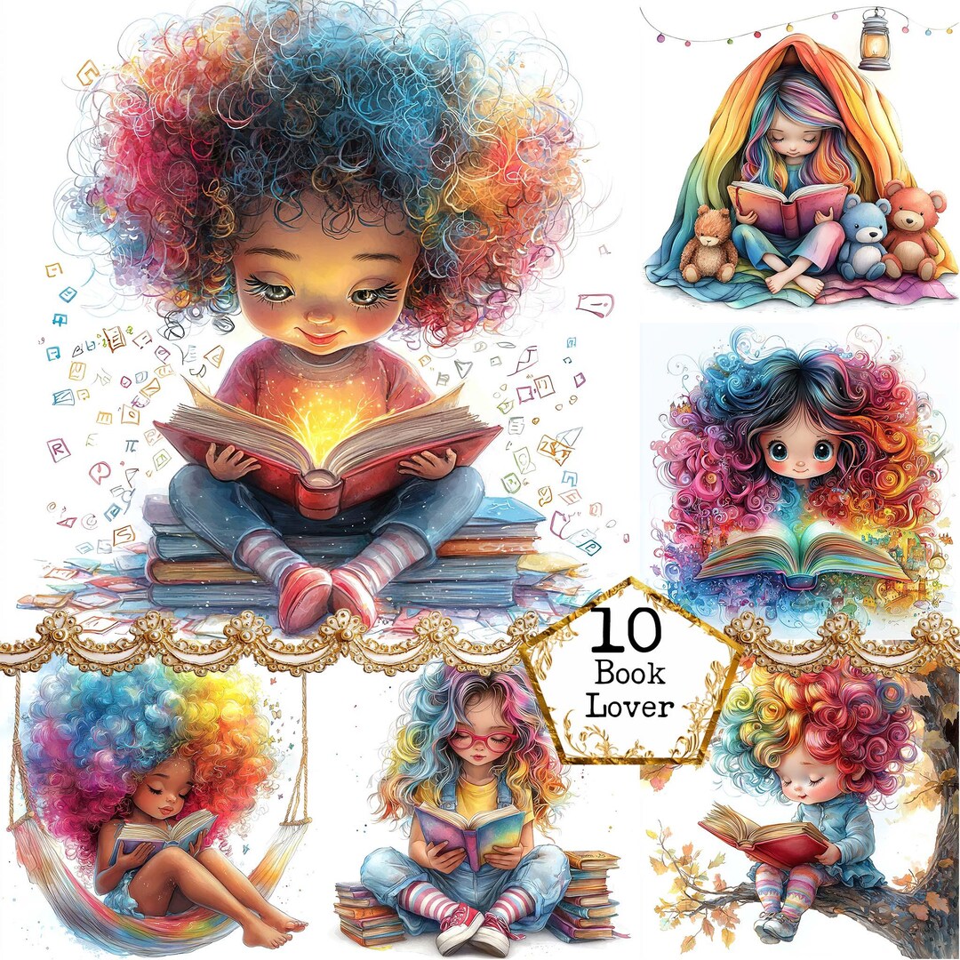 JPEG Rainbow Booklover Clipart Bundle Bookworm Clipart Readier Clipart ...