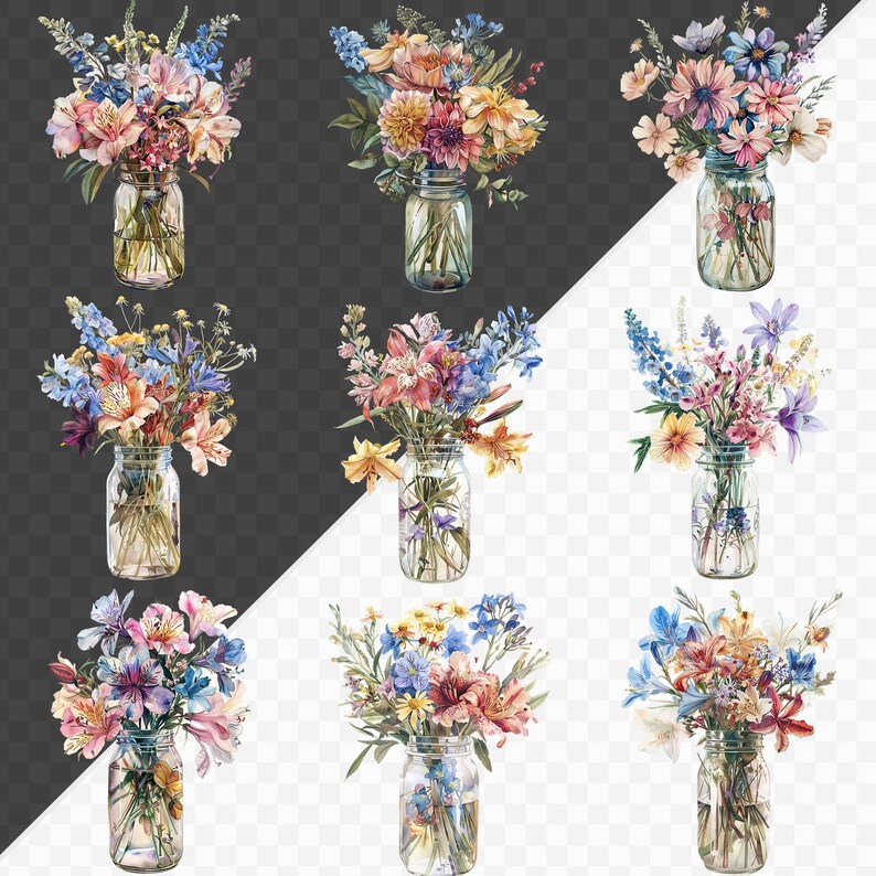 Flowers in a Jar Clipart Bundle PNG Wild Flowers Clipart Spring Clipart ...