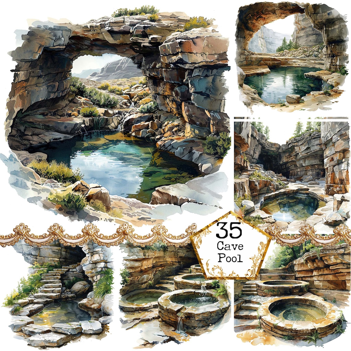 JPEG Watercolor Cave Pool Clipart Bundle JPEG Instant Download ...