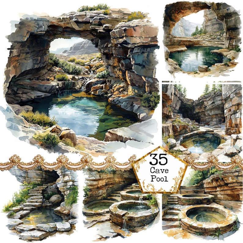JPEG Watercolor Cave Pool Clipart Bundle JPEG Instant Download ...