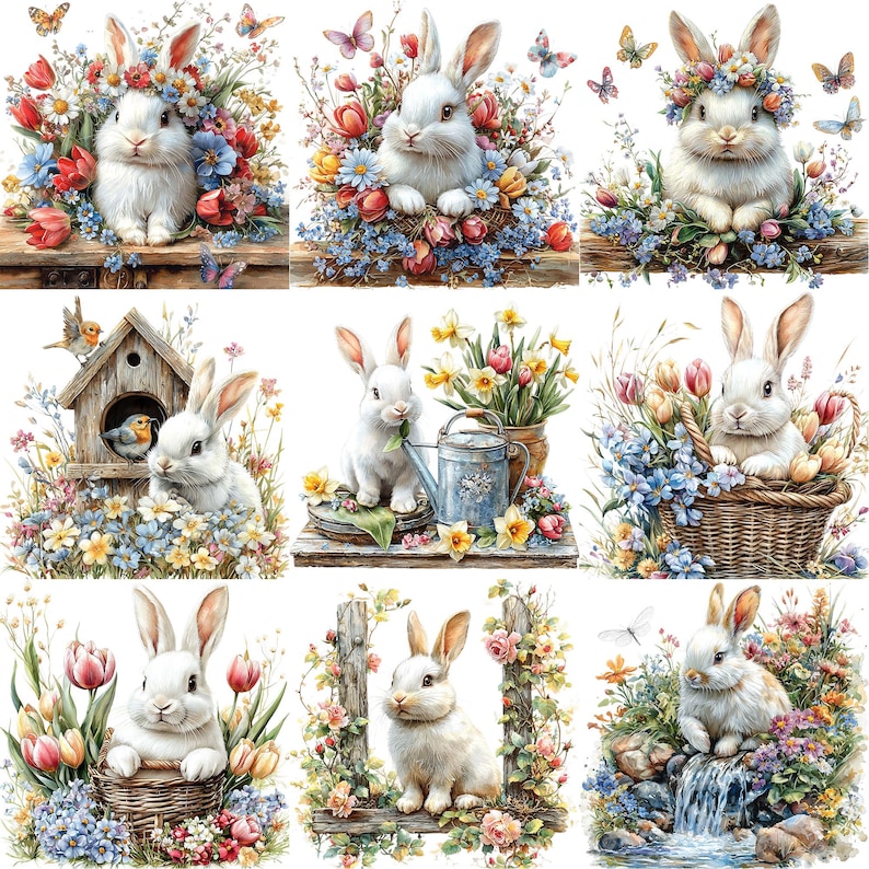 PNG + JPEG Watercolor Spring Floral Rabbit Clipart Bundle Spring ...