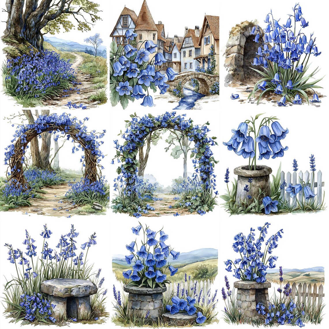 JPEG Watercolor Bluebell Clipart Bundle Flower Scenery Spring Clipart ...