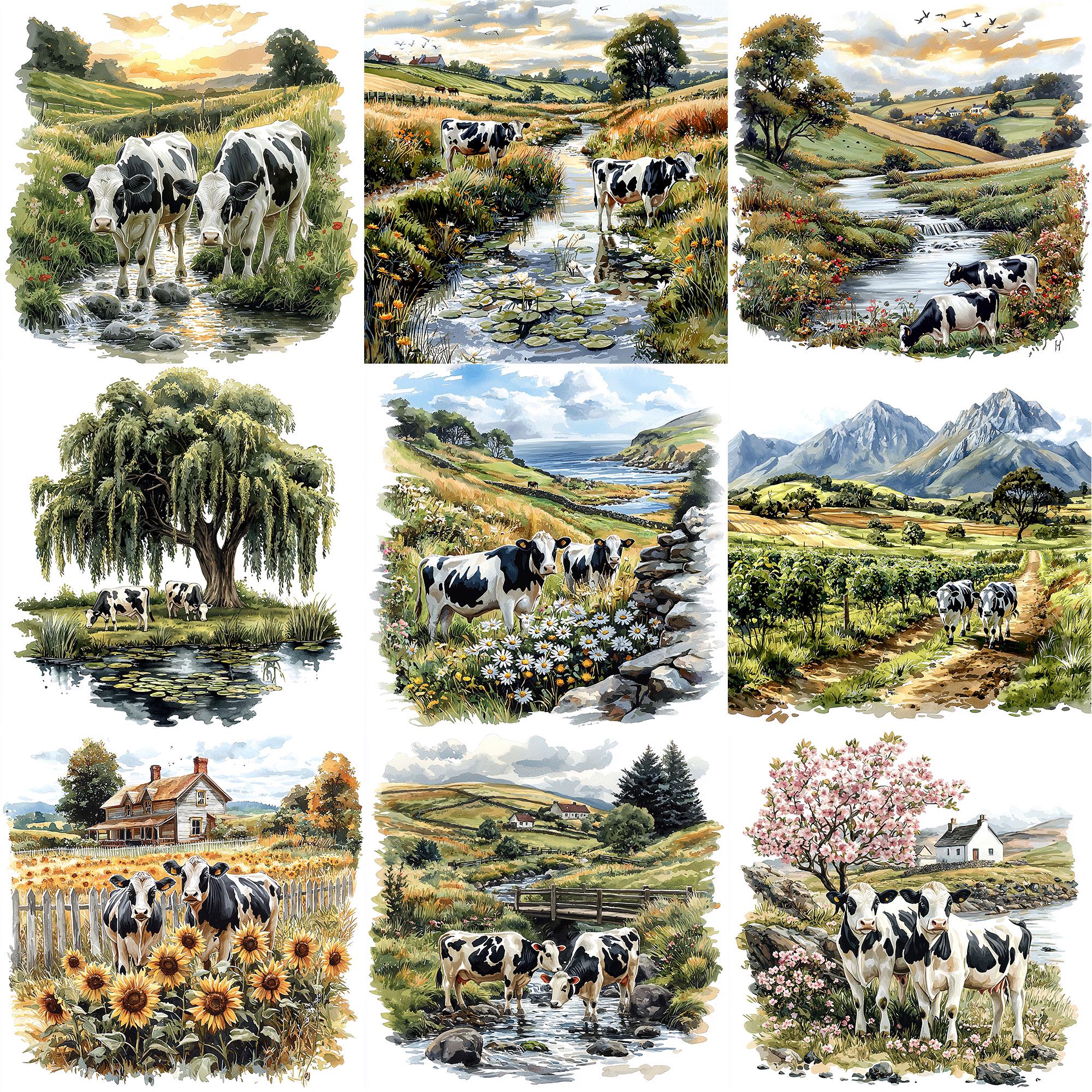 JPEG Watercolor Cows and Landscape Graphics Farmland Cottagecore ...