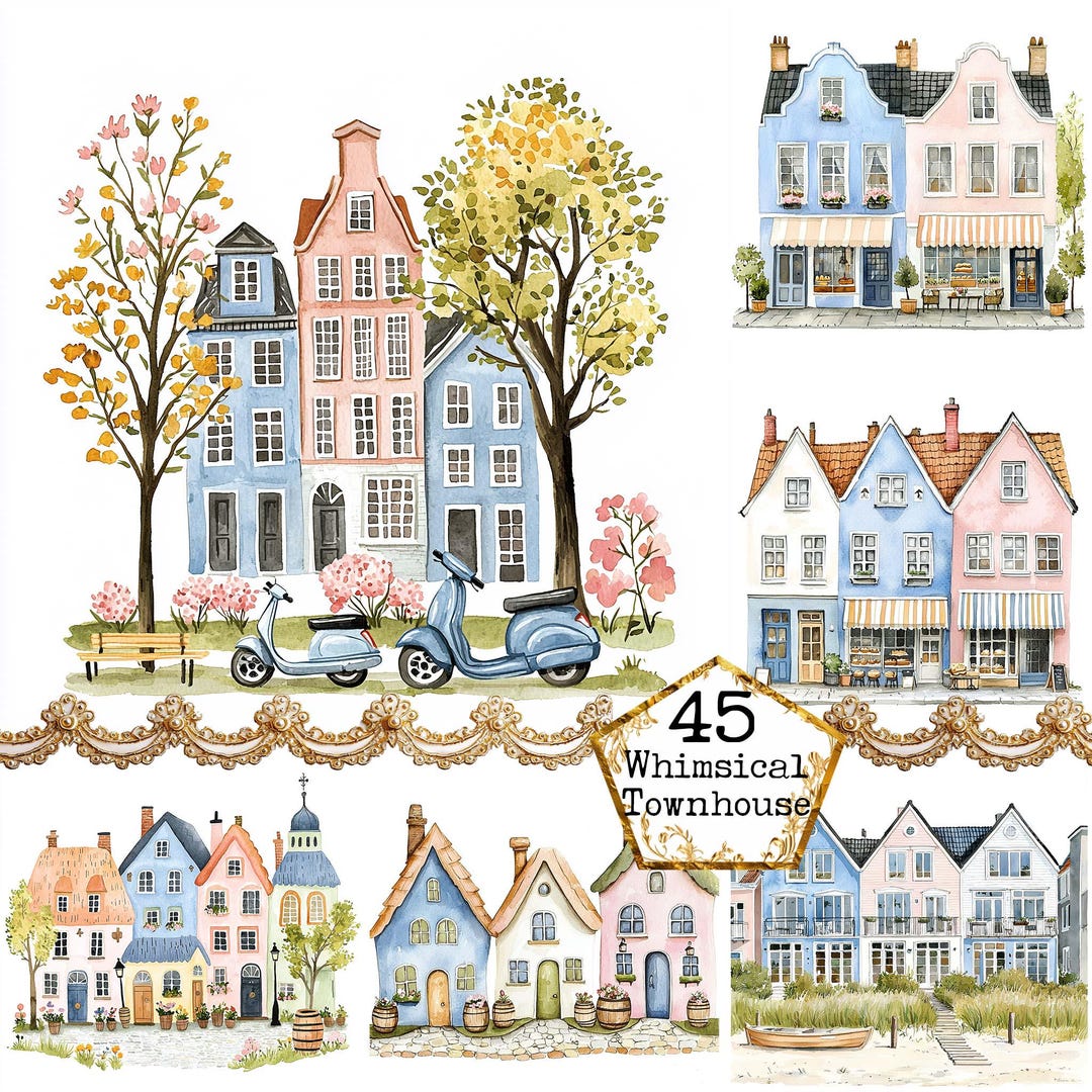 45 JPEG Watercolor Whimsical Houses Clipart Bundle Whimsical City ...
