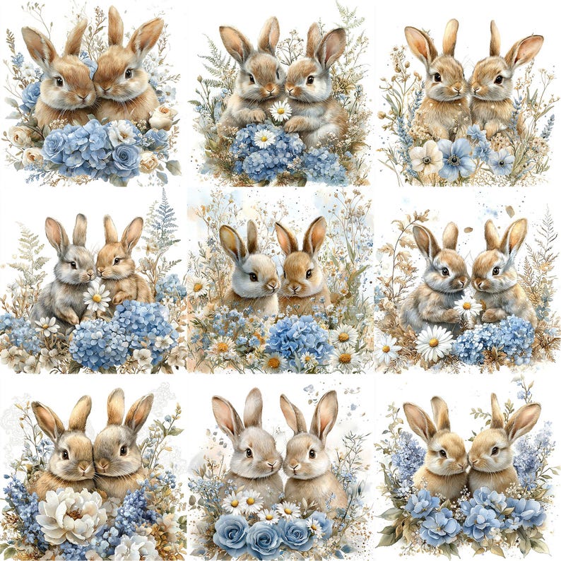 JPEG Watercolor Spring Bunnies Clipart Spring Rabbits Pastel Color ...