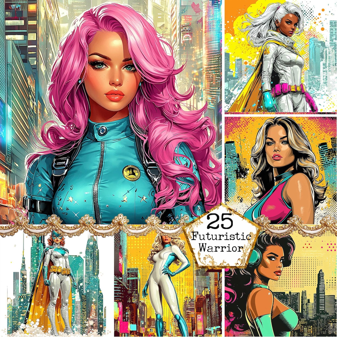 JPG Retro Comic Style Pop Art Cyber Super Hero Bundle Pop Art Girl ...