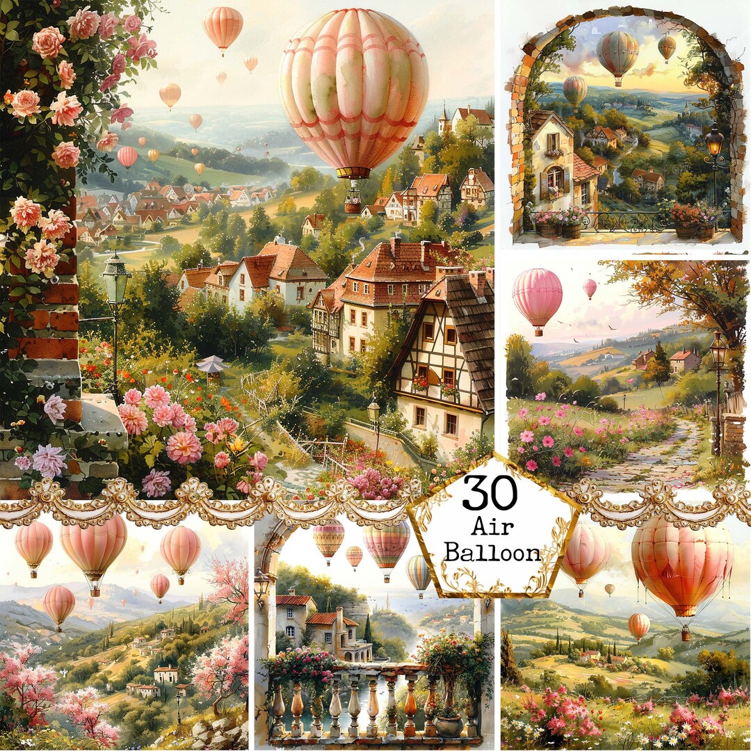 JPEG Shabby Chis Small Village and Air Balloons JPEG Instant Download ...