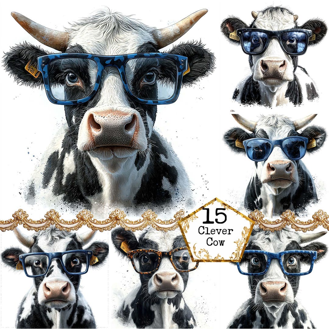 JPEG Funny Cow Wearing Glasses Clipart Bundle Cool Cow Farm Animal ...