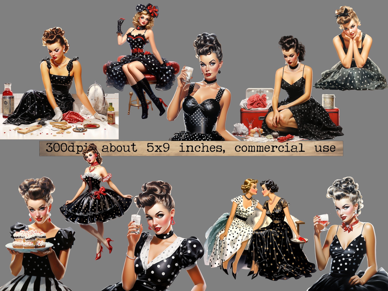 Retro Housewife Clipart PNG Bundle, '50s Transparent PNG, Red Polka Dot ...