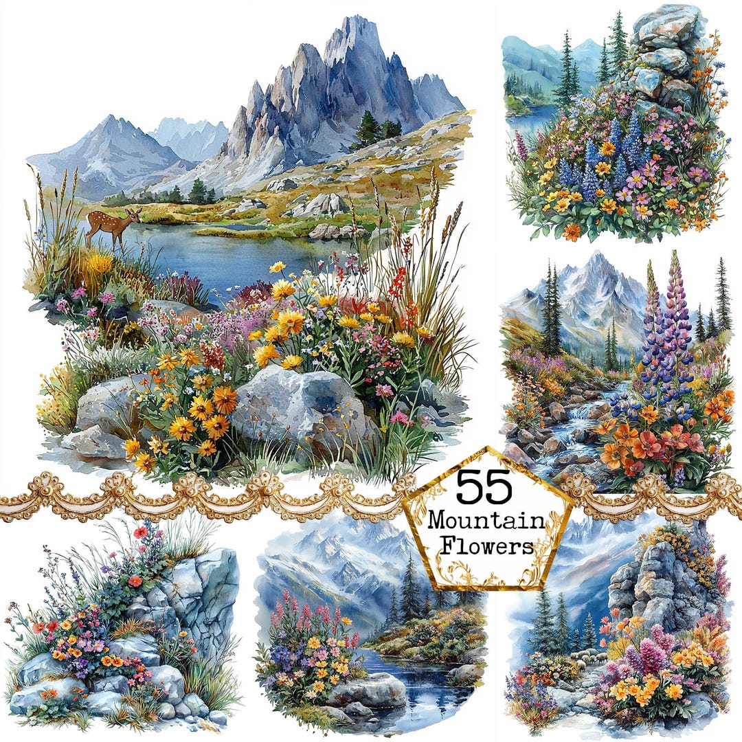 Imágenes prediseñadas de flores de montaña de primavera en acuarela ...