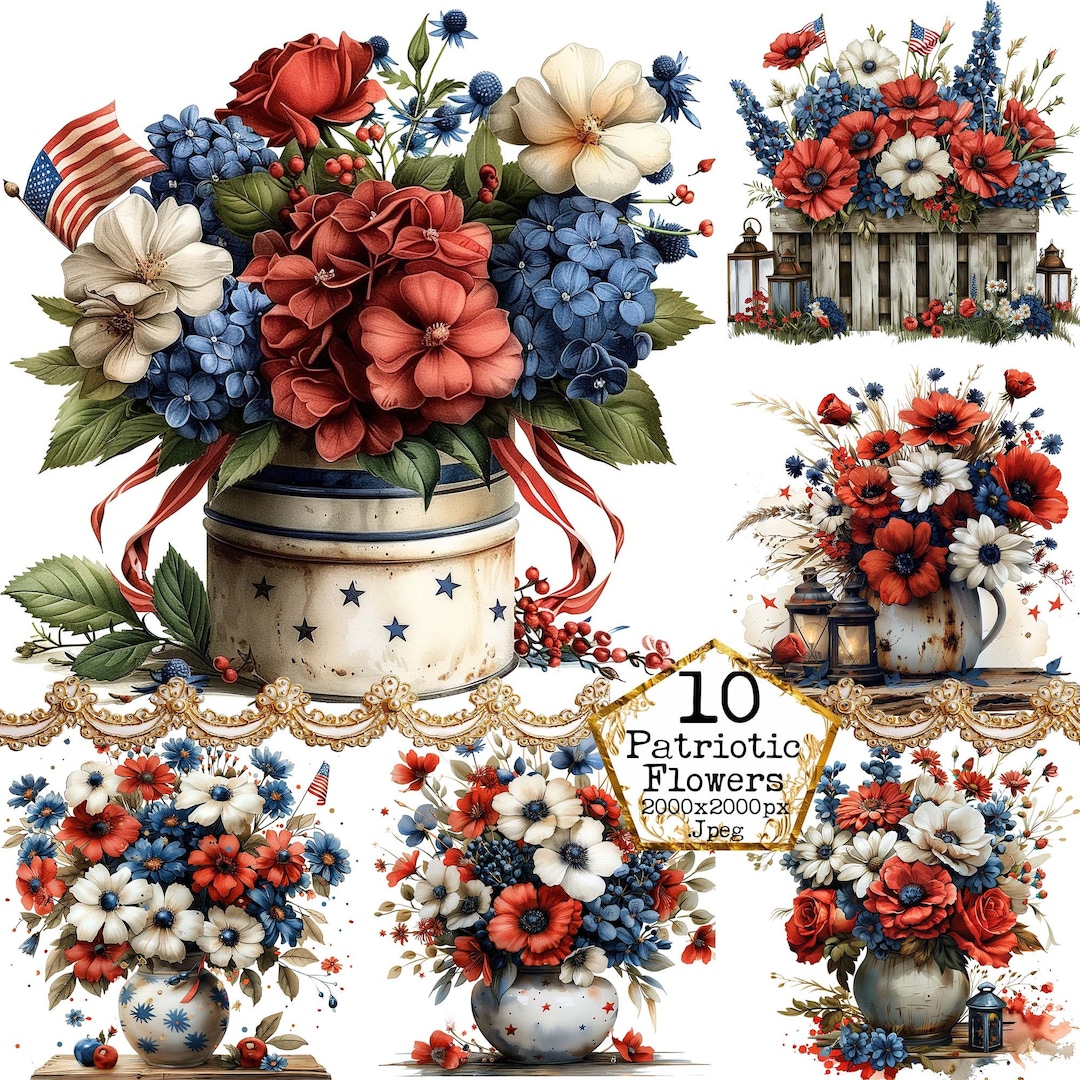 JPEG Independence Day Flower Bouquet Clipart 4th of July Jpegs Instant ...