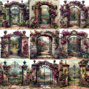 JPEG Watercolor Fantasy Garden Gate Clipart Bundle Garden Door Stone ...