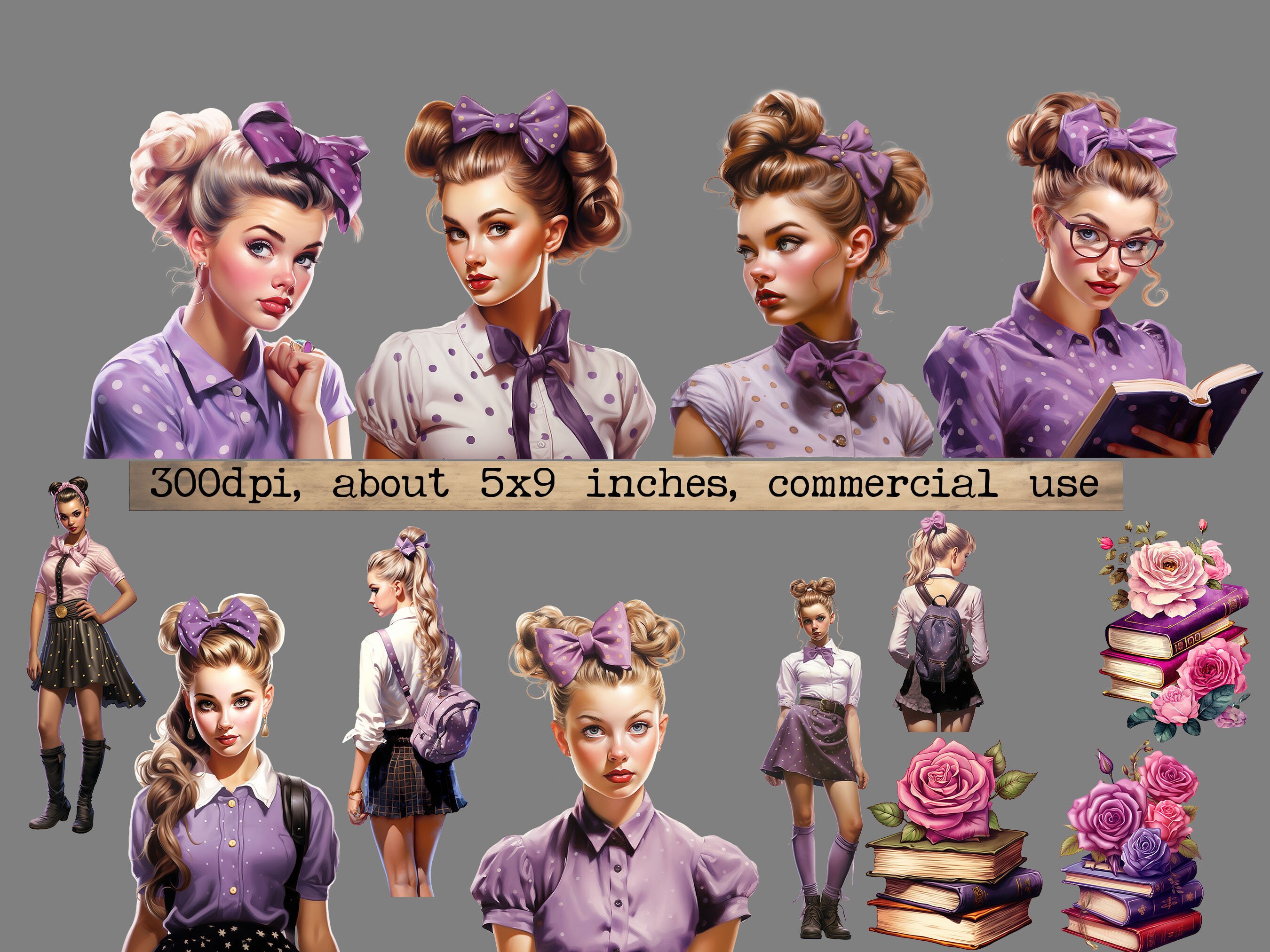 Retro Bookworm Clipart PNG Bundle '50s Transparent PNG Polka Dot ...