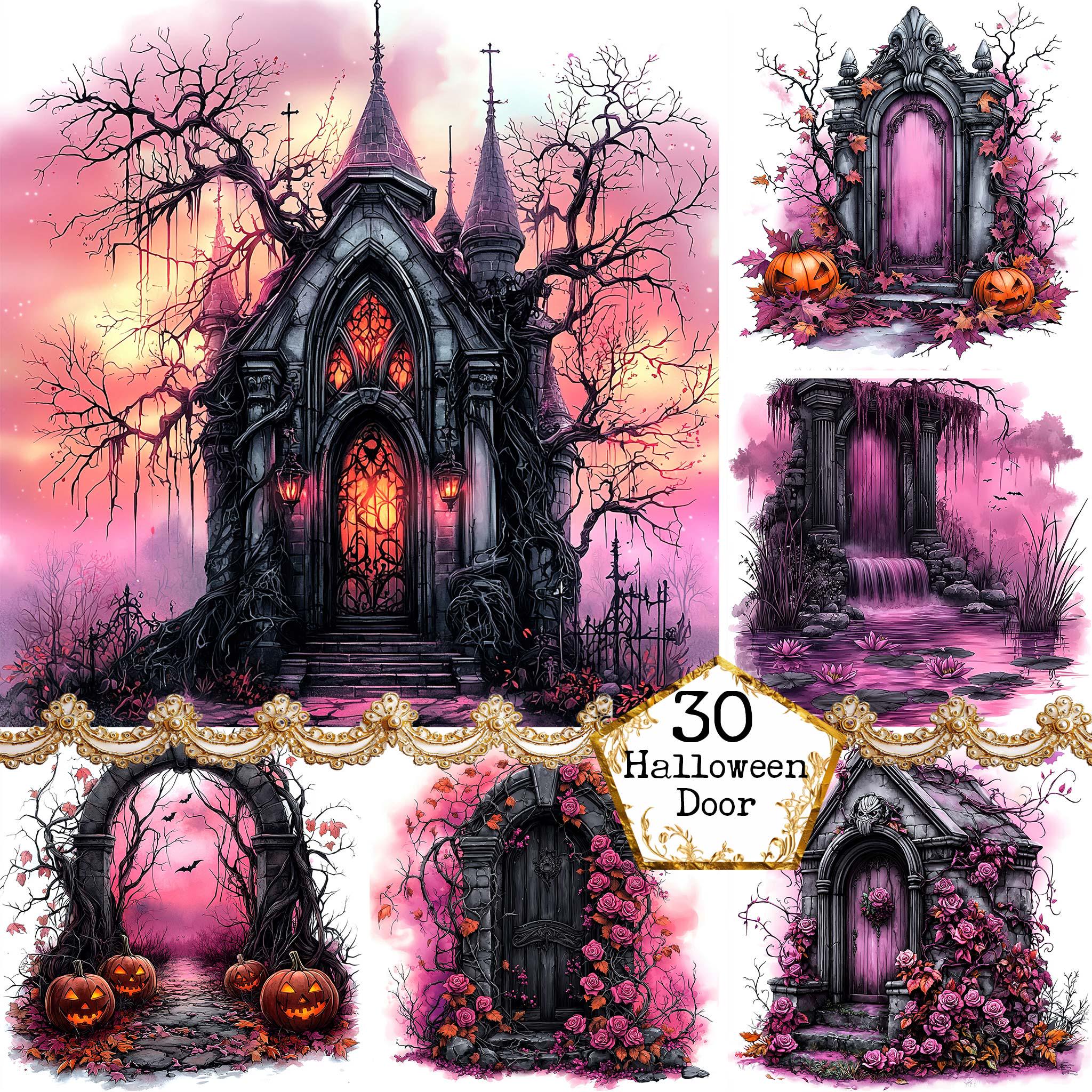 JPEG Watercolor Spooky Pink Halloween Doors Gothic Entrance Scary Exit ...