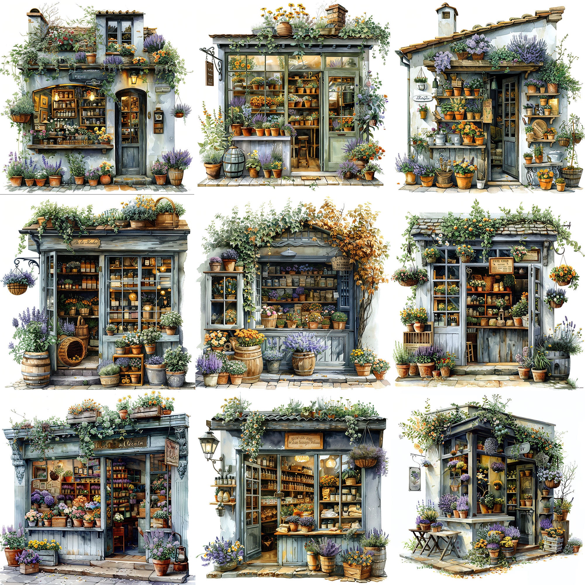 JPEG Watercolor Vintage Flower Shop Fronts JPEG Vintage Clipart Flower ...