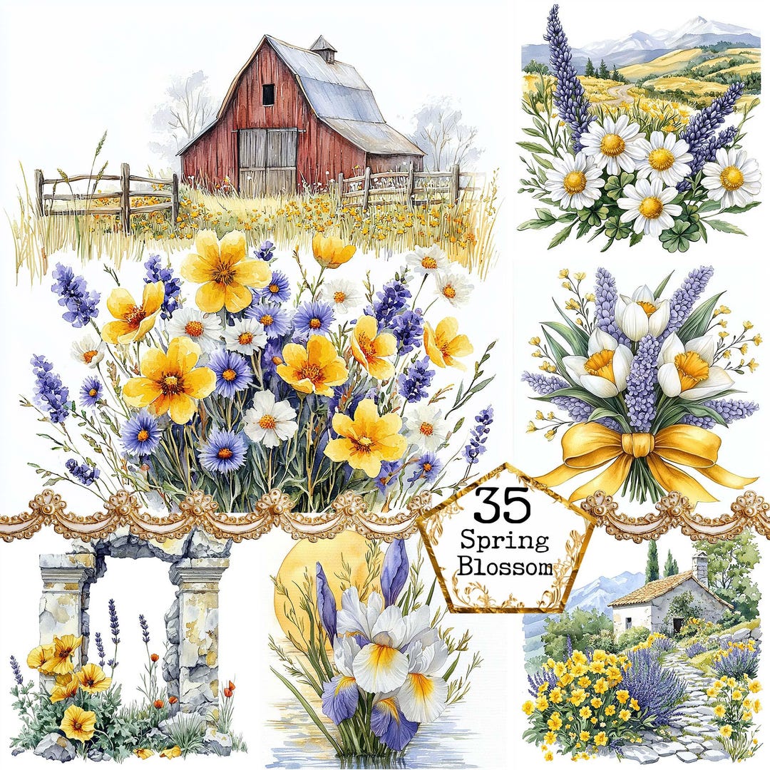 JPEG Watercolor Spring Flowers Scenes Clipart Bundle Spring Scenery ...