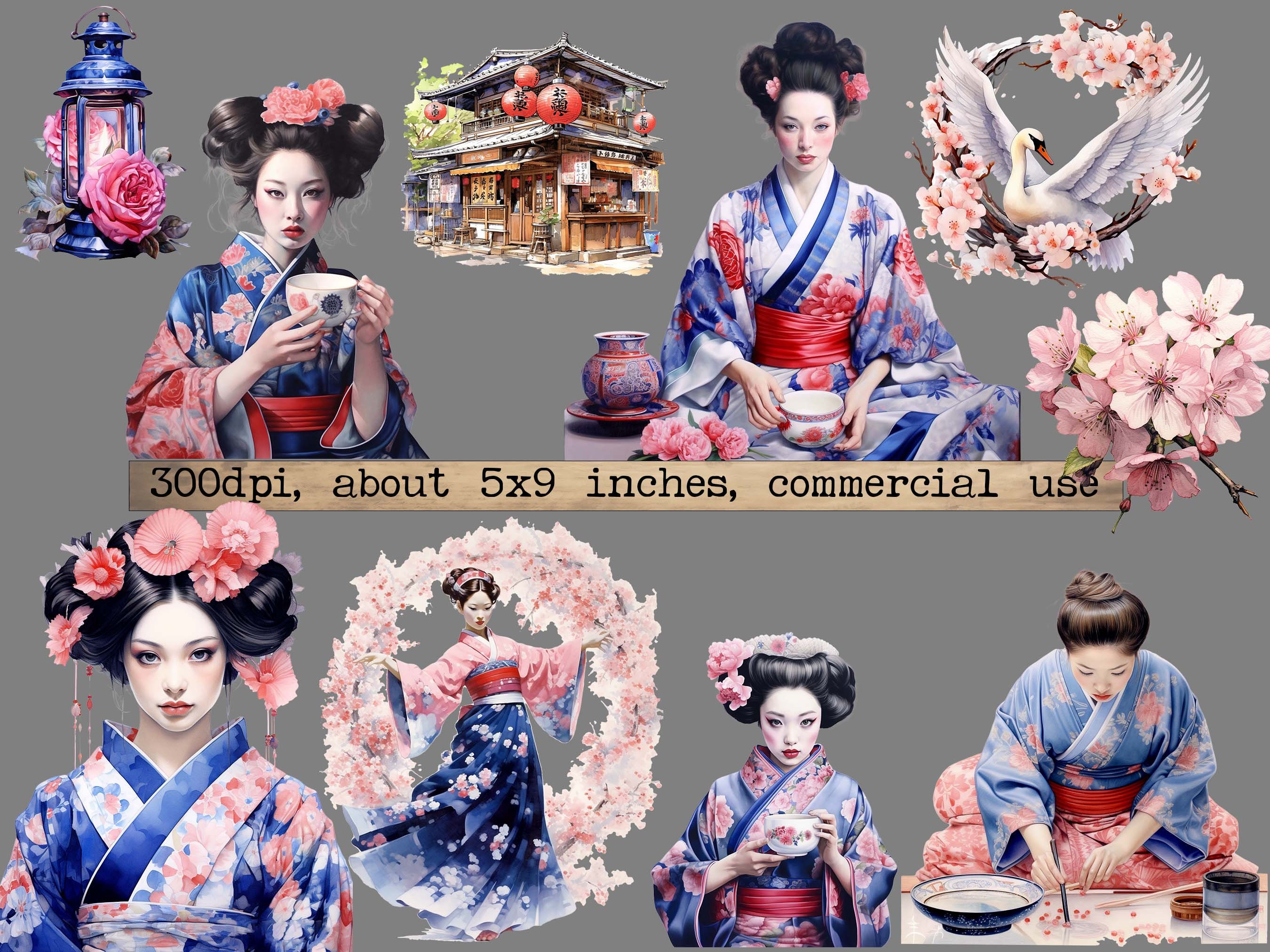 Watercolor Geisha Clipart Set, Transparent PNG Digital, Japanese ...