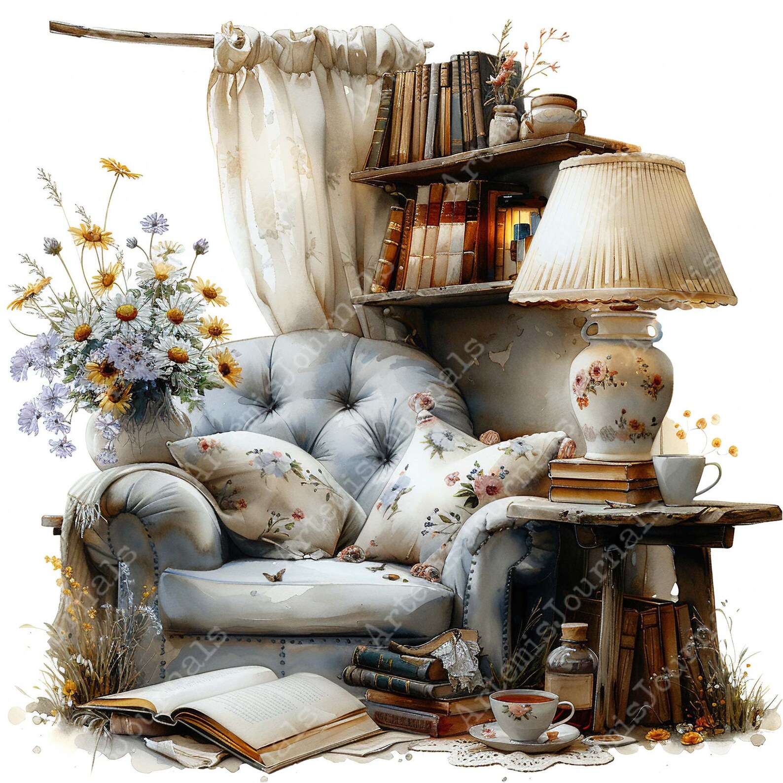 Watercolor Shabby Chic Cozy Nook JPEG Cozy Corner Commercial Use Cozy ...